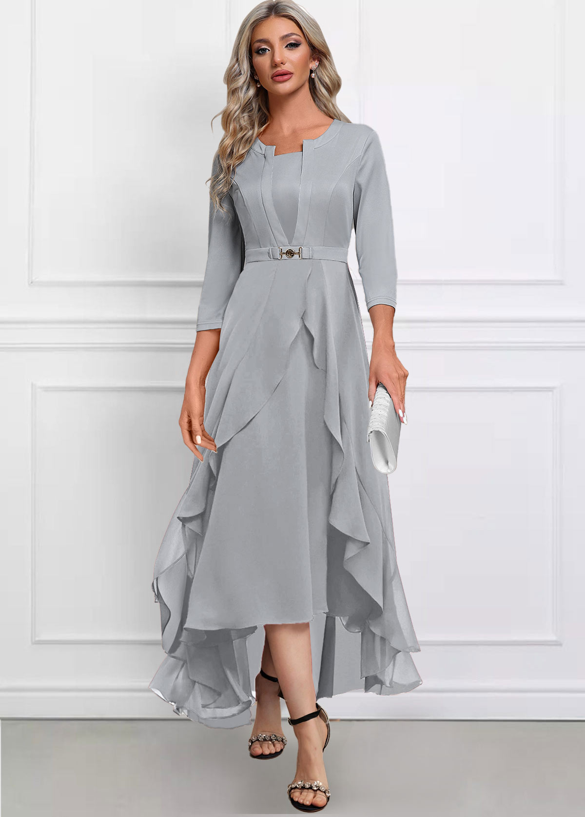 ROTITA Fake 2in1 Light Grey High Low Split Neck Dress | Rotita.com ...