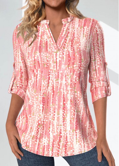 Rotita Frill Geometric Print Pink Split Neck 3 4 Sleeve Blouse Rotita