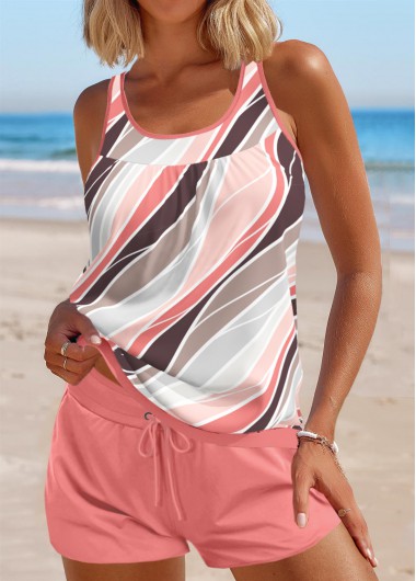 Rotita Contrast Binding Pink Geometric Print Tankini Set