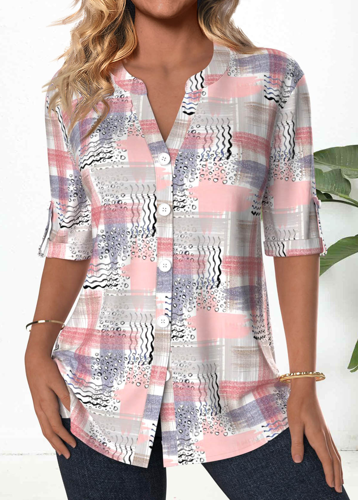 Rotita Button Geometric Print Light Pink Split Neck Blouse