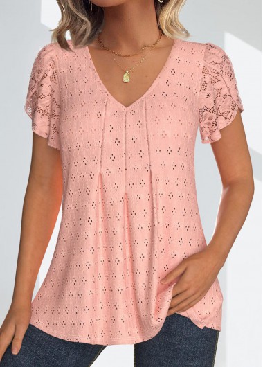 Rotita Lace Dusty Pink V Neck Short Sleeve Blouse Usd 31 98