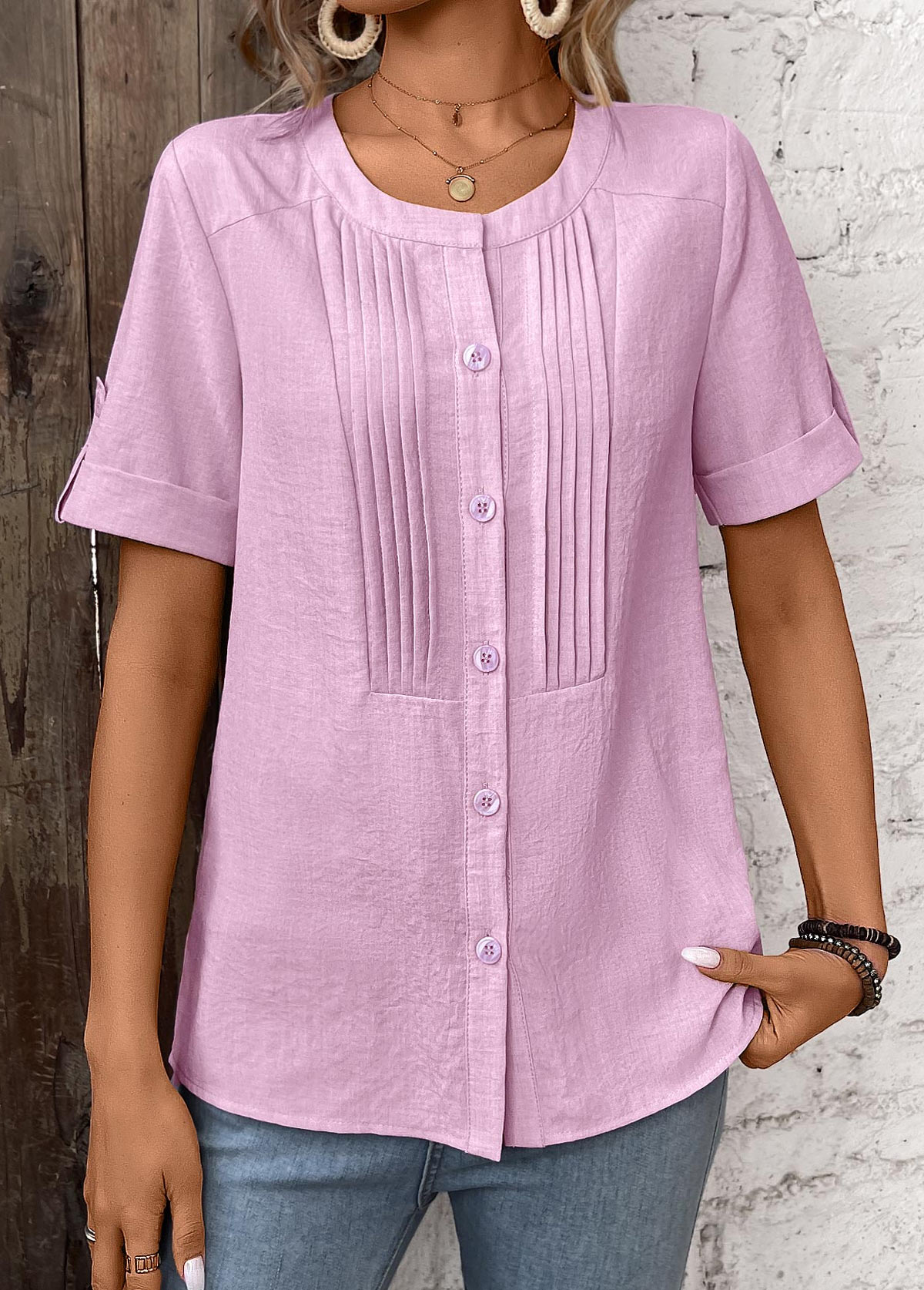 Rotita Tuck Stitch Light Purple Round Neck Short Sleeve Blouse Rotita