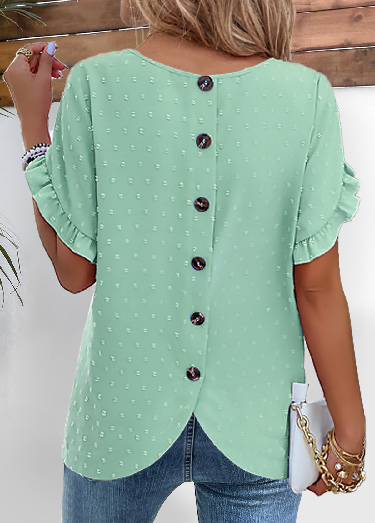 Rotita Button Mint Green Round Neck Short Sleeve Blouse