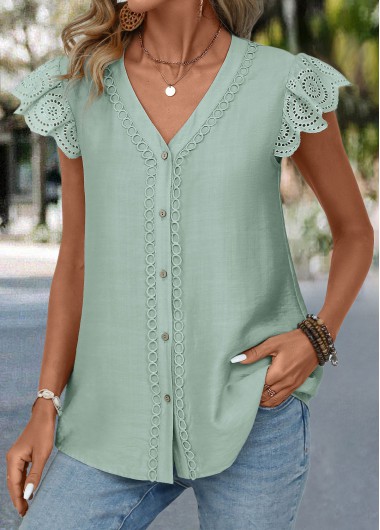 Rotita Patchwork Sage Green V Neck Short Sleeve Blouse