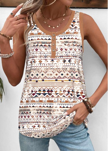 ROTITA Button Tribal Print Multi Color Round Neck Tank Top | Rotita.com ...