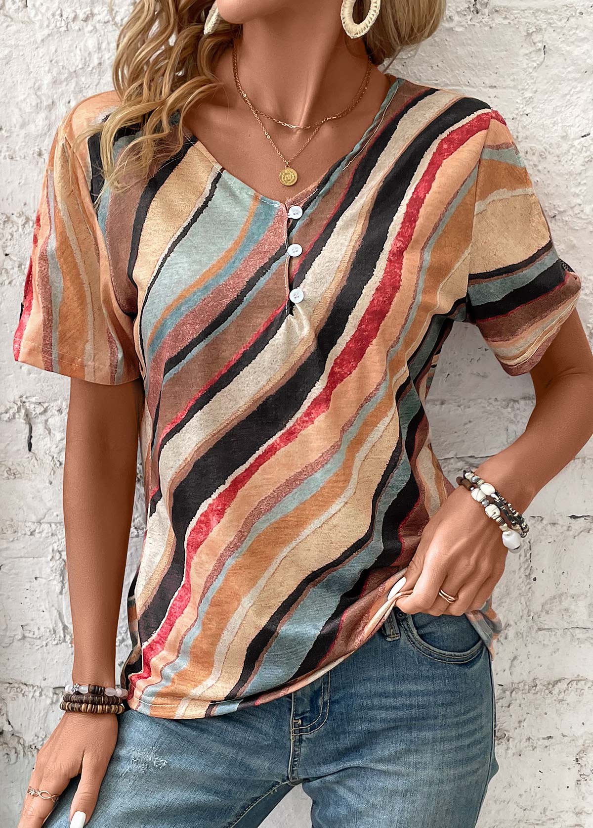 Button Geometric Print Multi Color V Neck T Shirt | Rotita.com - USD $26.98