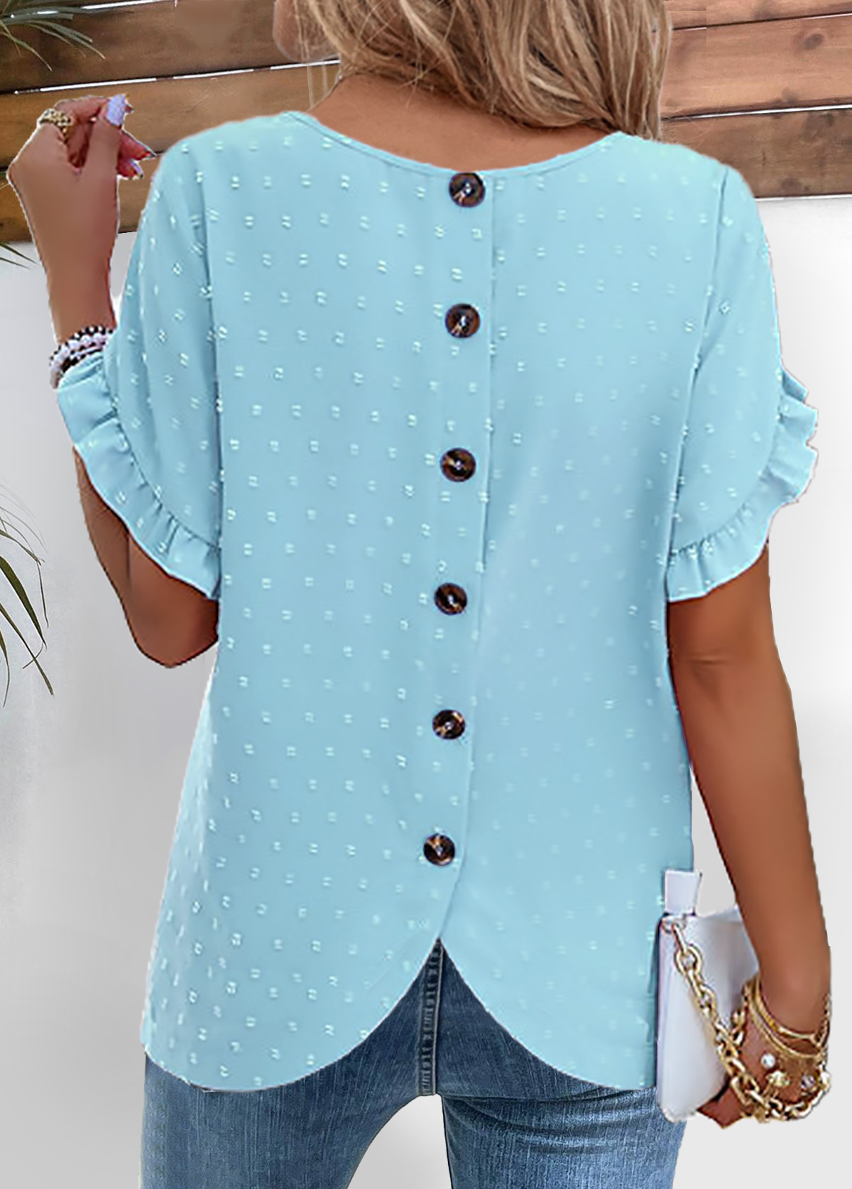 Rotita Button Light Blue Round Neck Short Sleeve Blouse