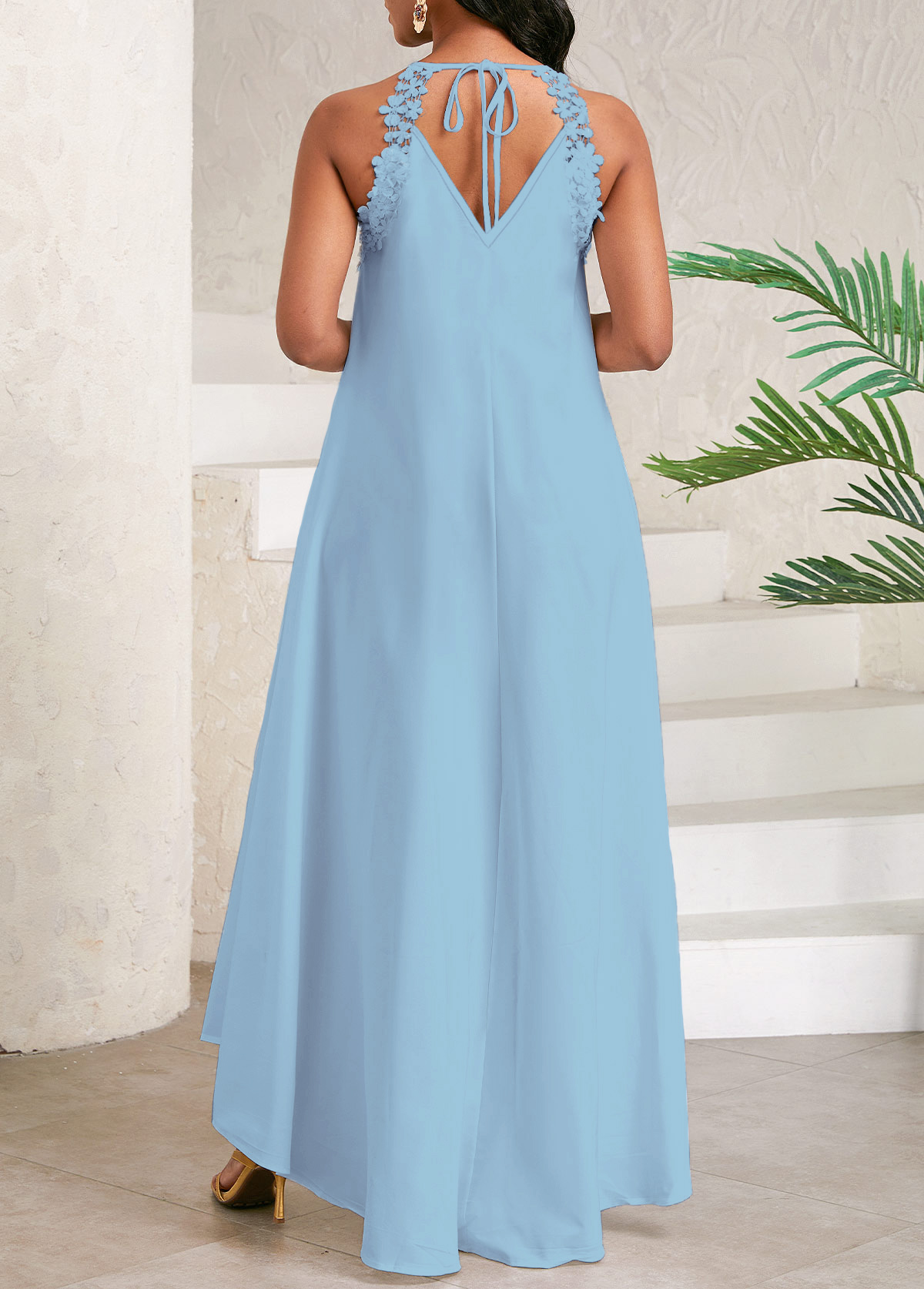 Lace Dusty Blue Maxi A Line Round Neck Dress | Rotita.com - USD $31.98