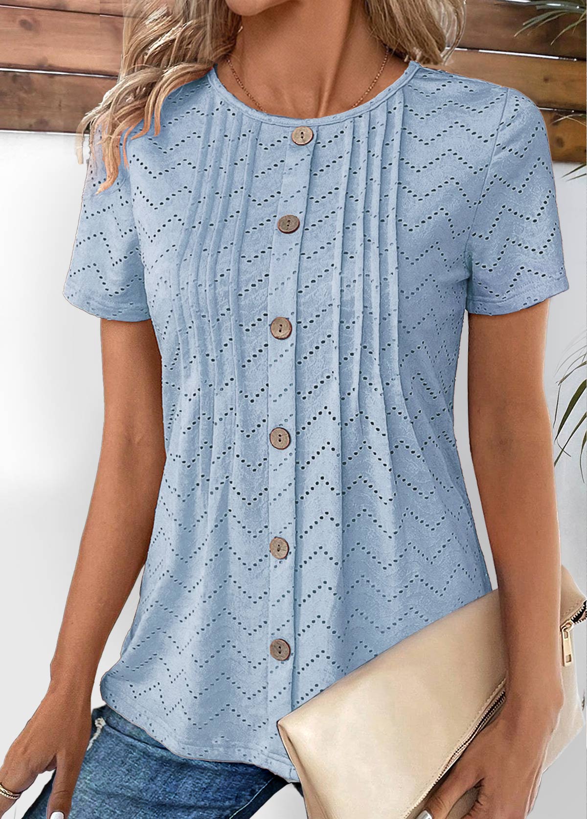 Rotita Tuck Stitch Dusty Blue Round Neck T Shirt Usd 22 98