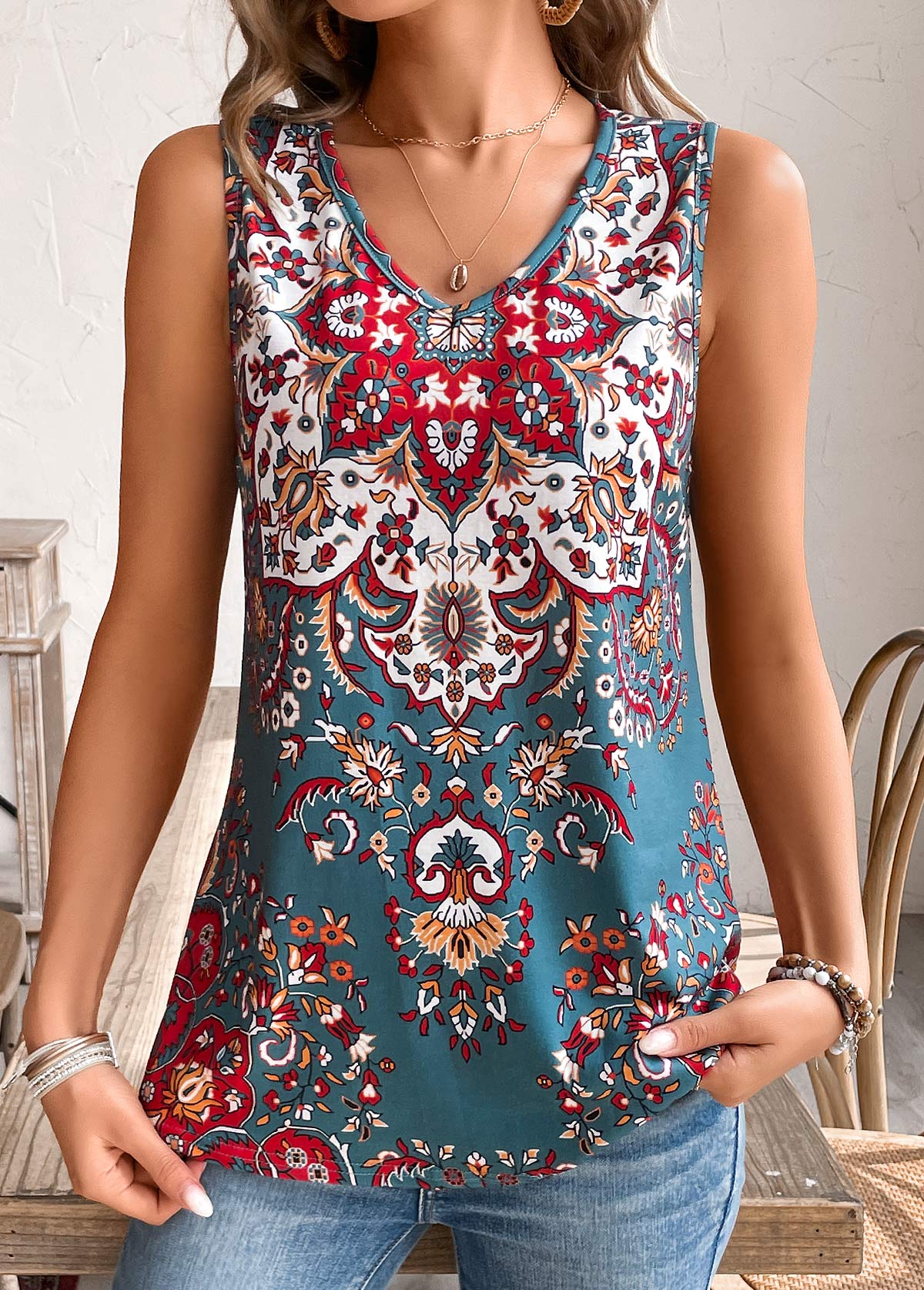 Tribal Print Multi Color V Neck Sleeveless Tank Top | Rotita.com - USD ...