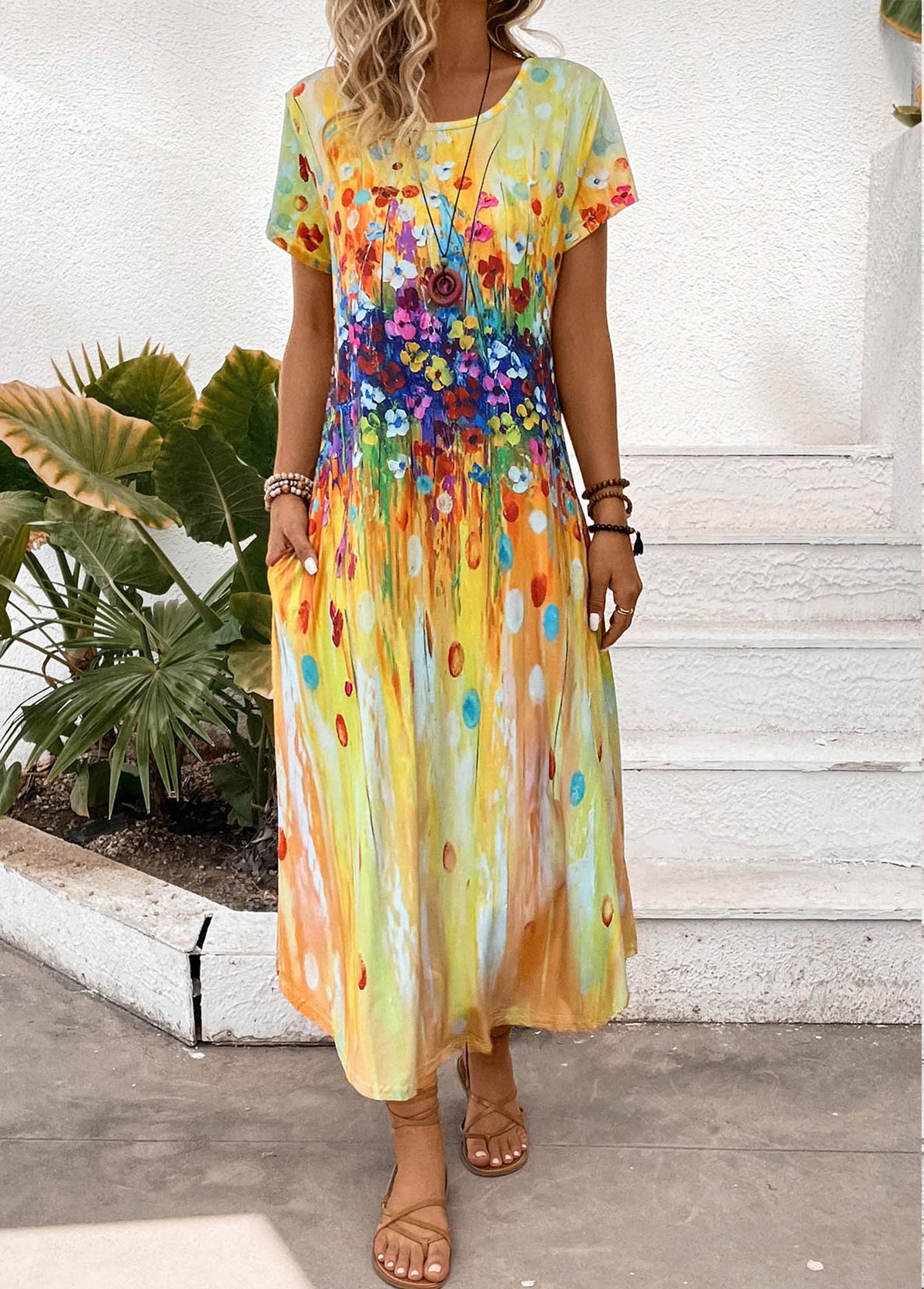 ROTITA Pocket Random Floral Print Yellow Maxi Shift Dress | Rotita.com ...