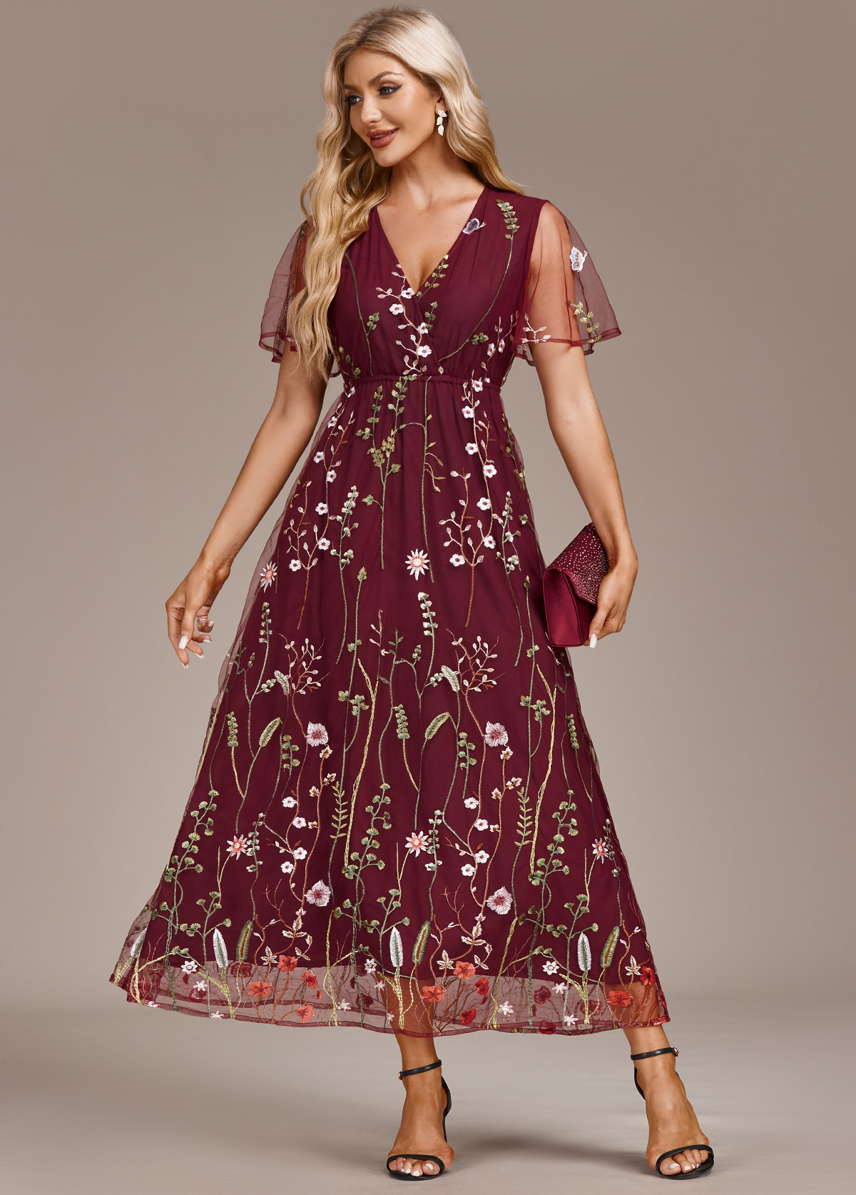 Rotita Embroidery Wine Red V Neck Short Sleeve Dress Usd