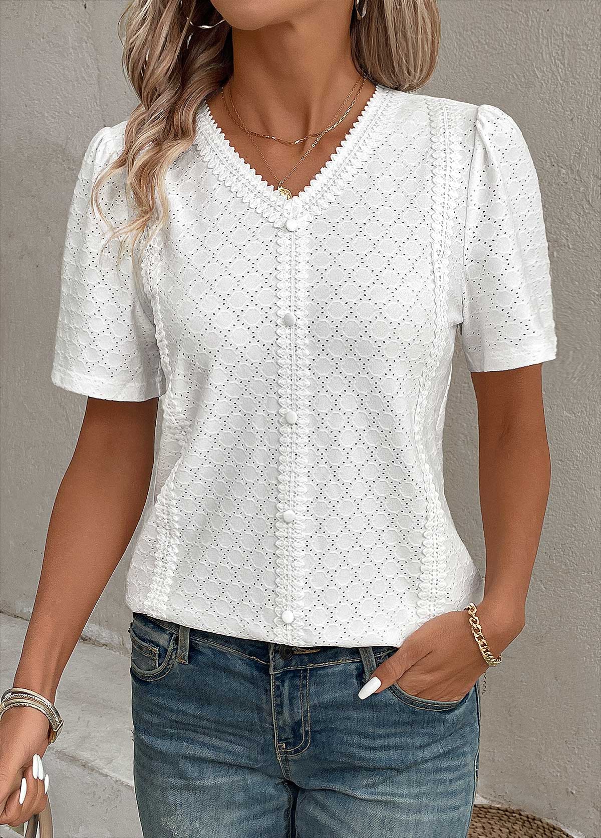 ROTITA Patchwork White V Neck Short Sleeve Blouse | Rotita.com - USD $27.98