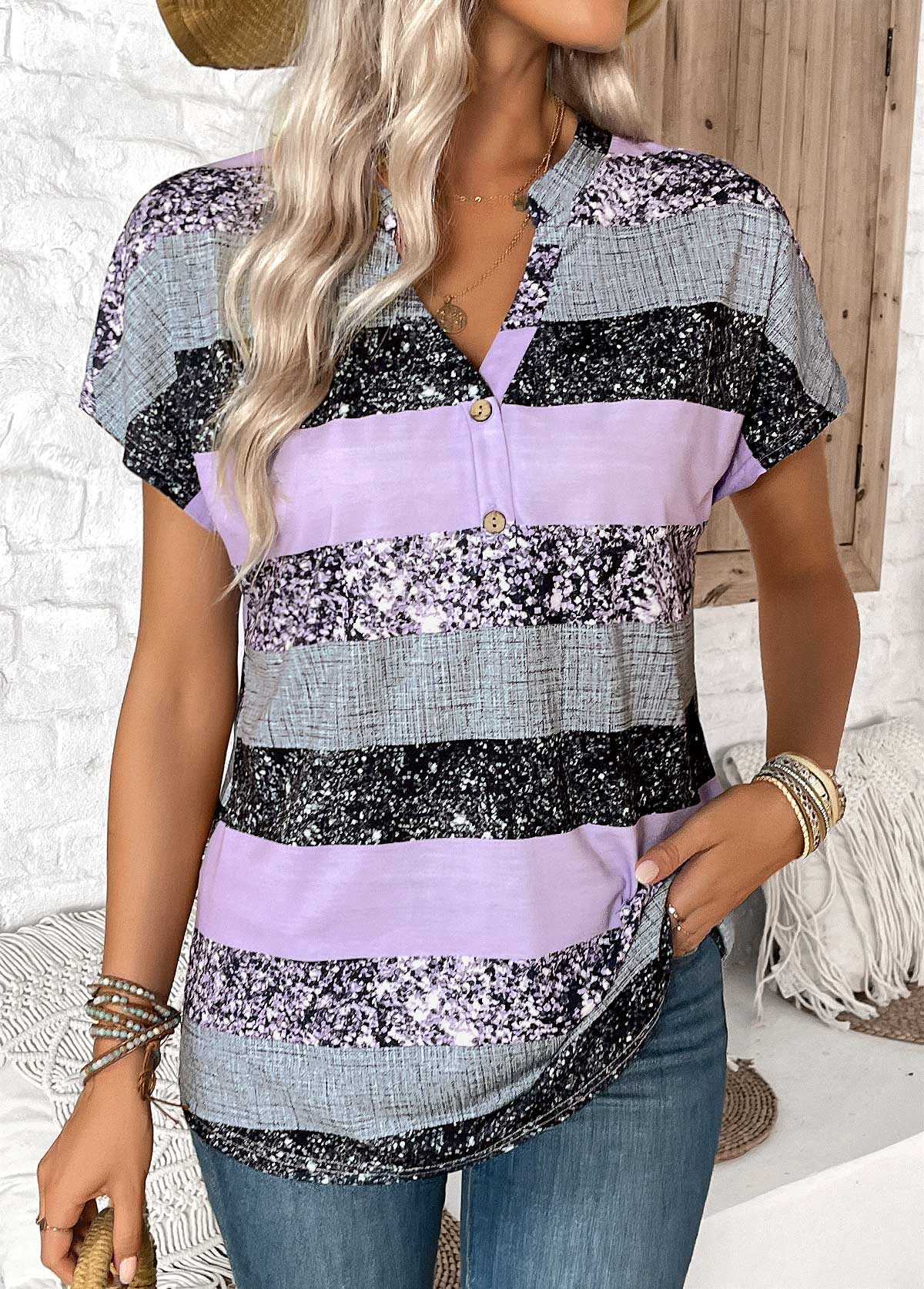 Rotita Button Striped Light Purple Split Neck Short Sleeve Blouse