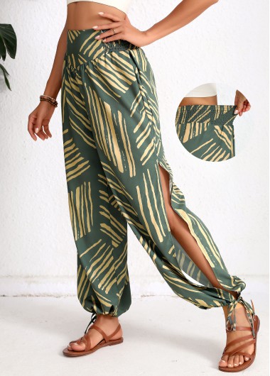 Smocked Geometric Print Green Jogger Elastic Waist Pants | Rotita.com ...