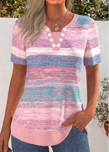Rotita Patchwork Striped Pink Split Neck Short Sleeve T Shirt Rotita