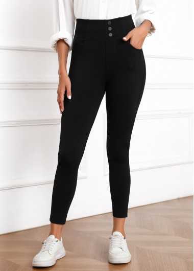 Button Black Skinny High Waisted Pants | Rotita.com - USD $34.98