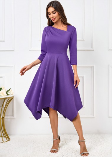 ROTITA Handkerchief Hem Purple Asymmetrical Neck 3/4 Sleeve Dress ...