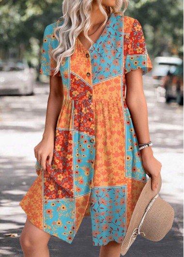 ROTITA Button Tribal Print Orange V Neck Short Sleeve Dress | Rotita ...