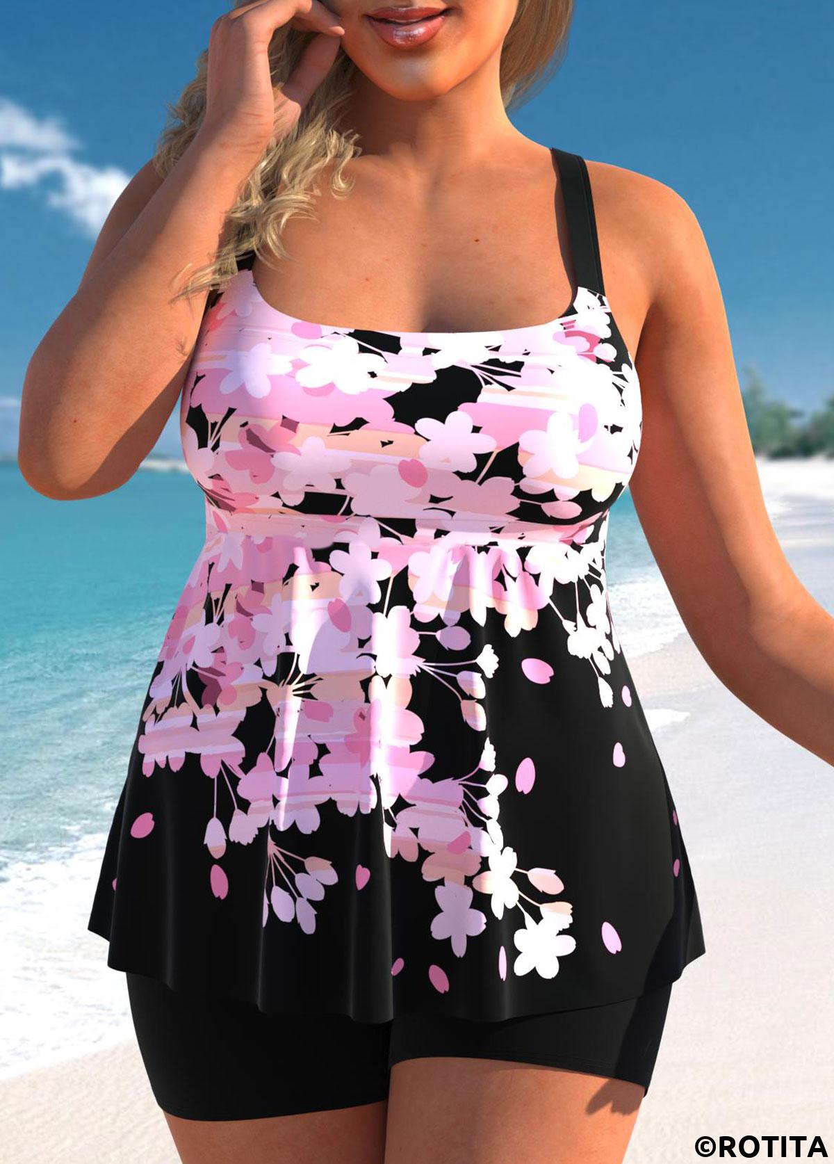 ROTITA Floral Print Wide Strap Pink Tankini Top | Rotita.com - USD $29.98