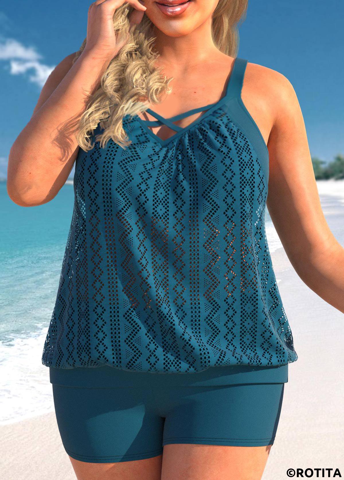 ROTITA Criss Cross Lace Peacock Blue Tankini Top-No Bottom