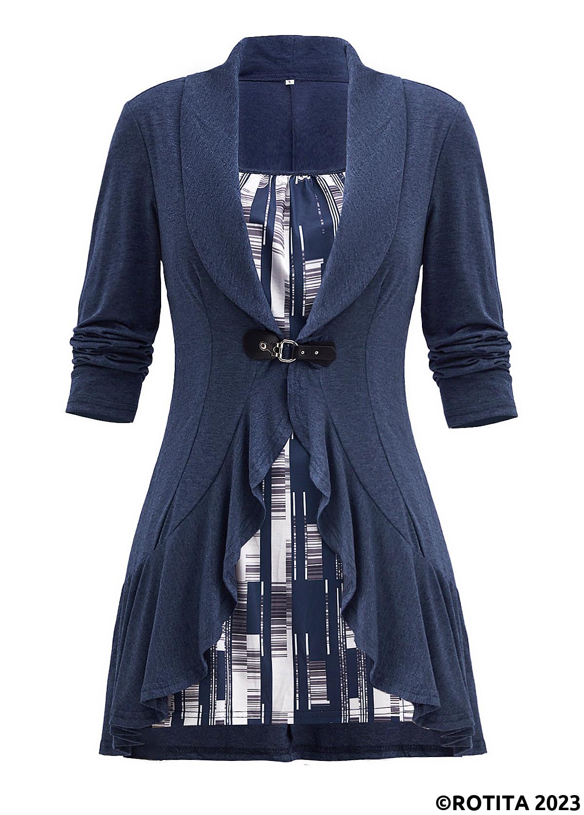 ROTITA Geometric Print Navy Shawl Collar Fake Two Piece Twinset ...