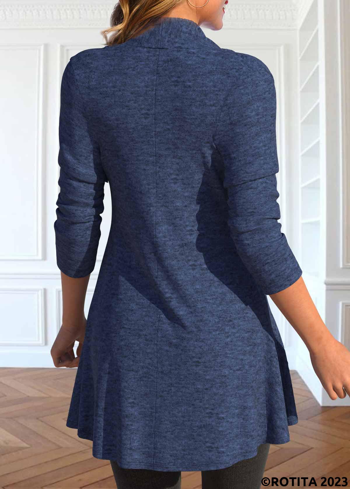 ROTITA Geometric Print Navy Shawl Collar Fake Two Piece Twinset ...