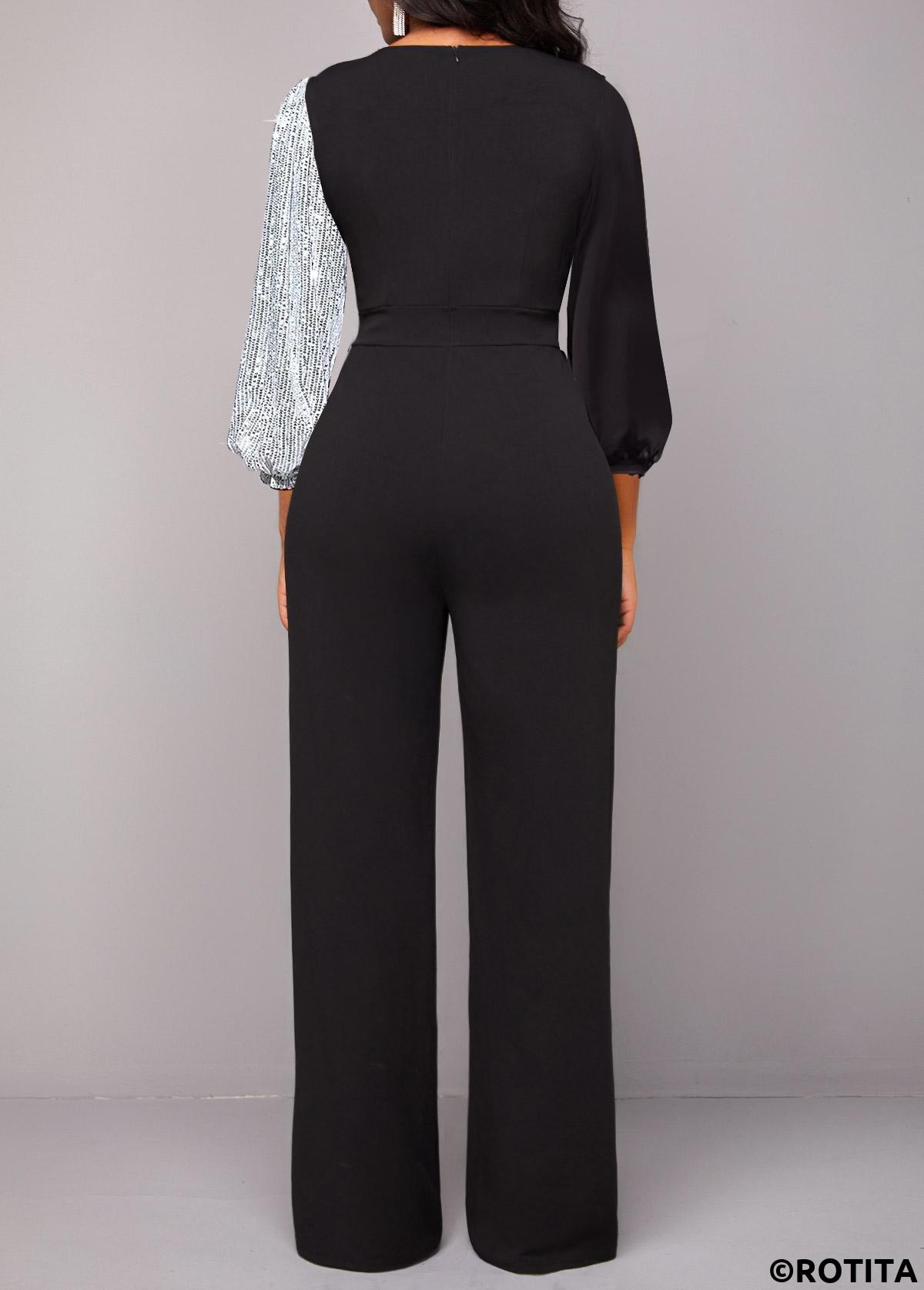 ROTITA Sequin Black Long V Neck Jumpsuit | Rotita.com - USD $47.98