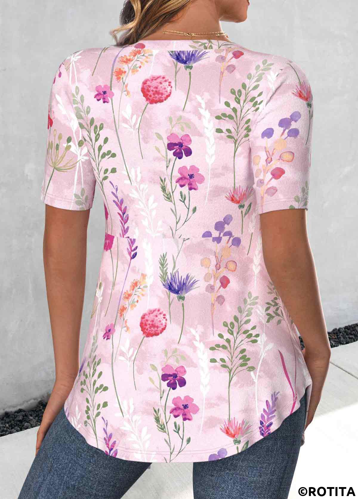 ROTITA Plus Size Floral Print Pink Fake Two Piece Twinset | Rotita.com ...