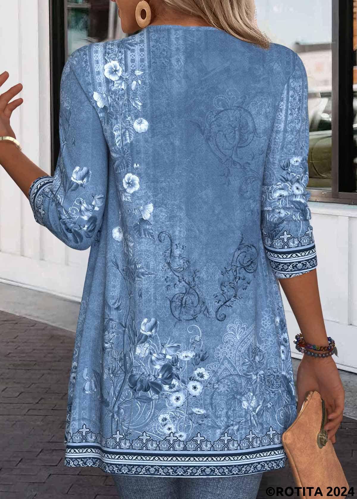 ROTITA Patchwork Floral Print Denim Blue Long Sleeve Light Cardigan ...